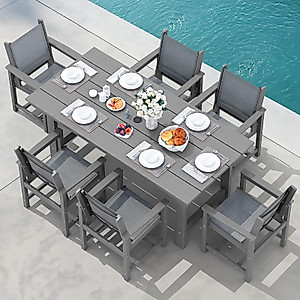 SERWALL 7 Piece Outdoor Dining Table Sets for 6 with 1 Umbrella Hole Cut-Out Rectangular Table and 6 Textilene Chairs, HDPE Dining Table Sets for Garden, Backyard, Poolside, Gray