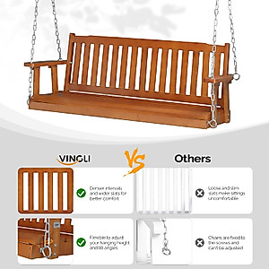 VINGLI Heavy Duty 880 LBS 5 FT Wooden Porch Swing Outdoor, Outdoor Hanging Swing Bench (5 FT, Brown)