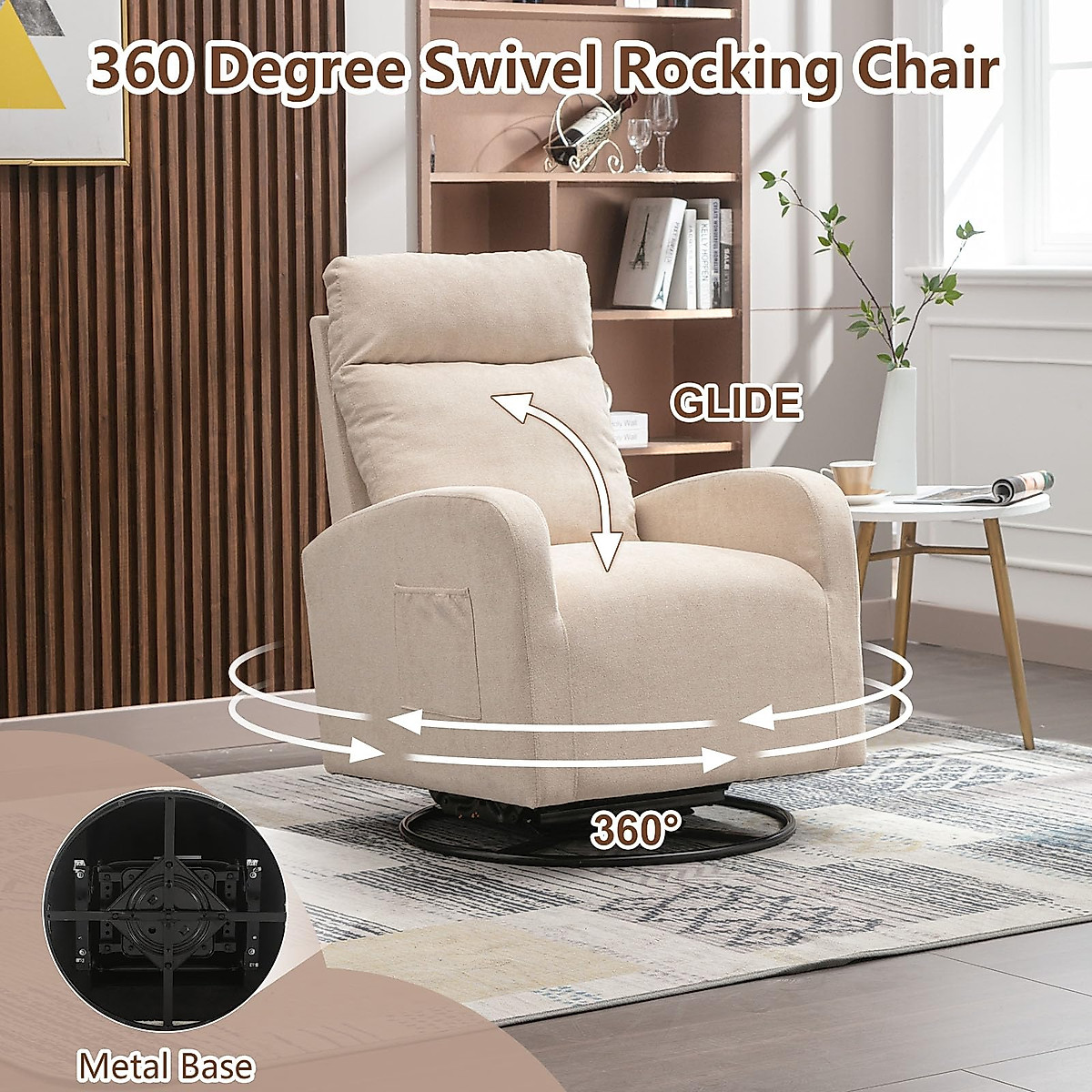 LUCKHAO Swivel Rocking Chair，Nursery Swivel Glide Armchair Linden Fabric Upholstered Modern Rocking Chairs with High Backrest for Nursery, Bedroom, Living Room（Beige