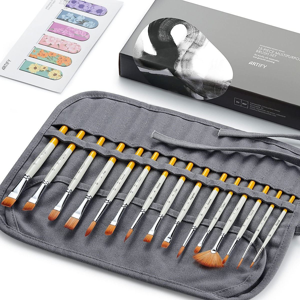 ARTIFY Sunflower 15 Pieces Paint Brush Set, Expert Series, Enhanced Synthetic Brush Set with Canvas Roll and Special Bookmarks for Acrylic, Oil, Watercolor and Gouache - Yellow