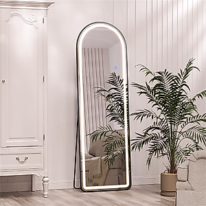 Antok Floor Mirror with LED Lights, 64"x21" Full Length Mirror with Stand, Lighted Arched Mirror, Wall Mounted Hanging Mirror, Full Body Mirror w/Dimming & 3 Color Lighting for Bedroom, 64"x21"(Black)