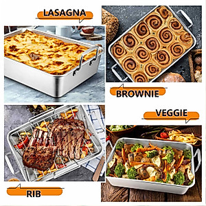 LIANYU Roasting Pan, 14 Inch Turkey Roaster Pan with 2 Racks, Heavy Duty Stainless Steel Lasagna, Pan, Deep Broiling Pan for Turkey, Chicken, Dishwasher Safe