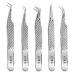 GTEX Lash Tweezers For Eyelash Extensions Tweezers Set of 5, Japanese Stainless Steel, Straight Curved 45 90 Degree Volume Eyelash Tweezers - SILVER