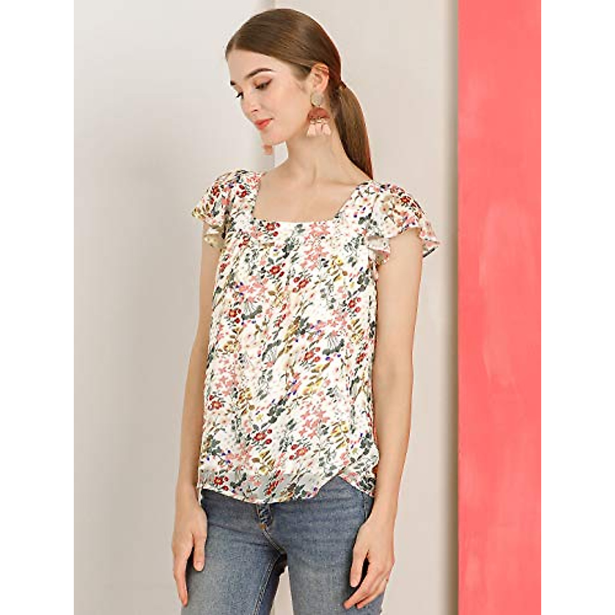 Allegra K Women's Chiffon Ruffle Sleeve Top Layered Vintage Ditsy Floral Blouse Large White