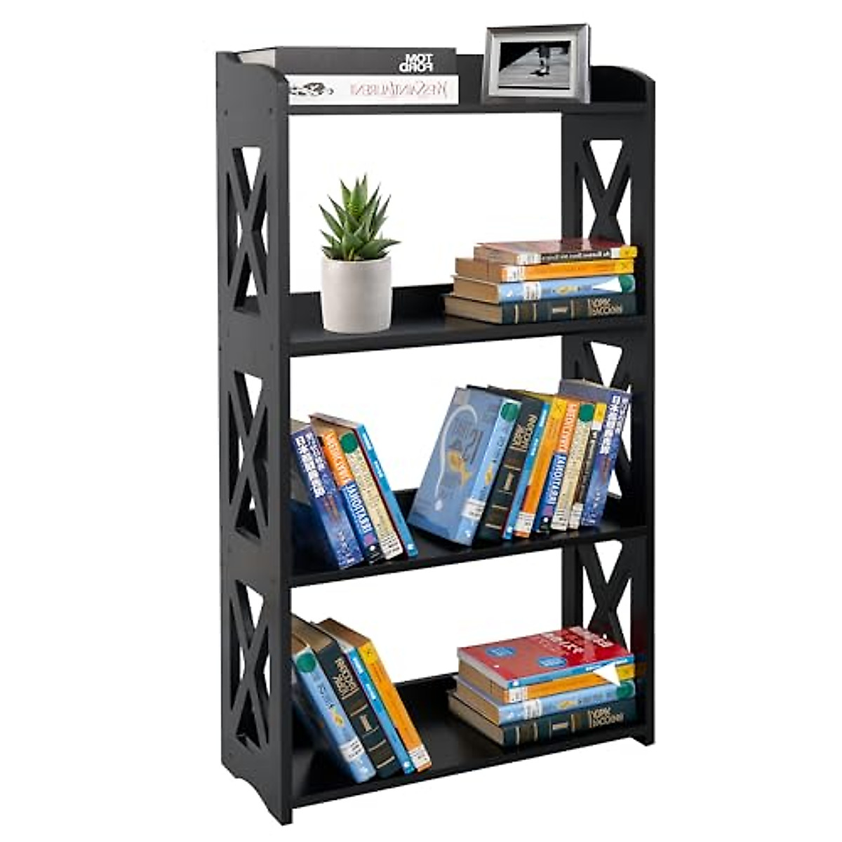 YCICI Open Bookshelf, 4 Tier Bookcase, Small Book Shelf, Wooden Book Shelf Kitchen Shelf, Freestanding Display Storage Shelves for Bedroom, Living Room and Office (Black)