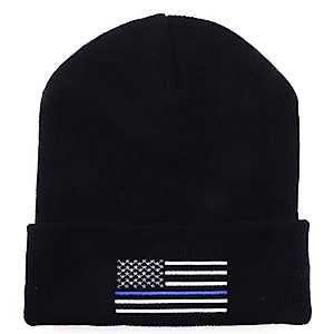 Armycrew Thin Blue Line TBL Flag Embroidered Cuff Long Beanie - Black