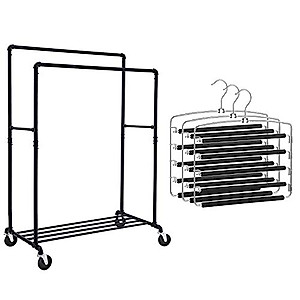 SONGMICS Double-Rail Clothes Rack Bundle with 3-Pack 5-Bar Pants Hangers, Industrial Pipe Design Garment Rack on Wheels, Space-Saving Trousers Hangers with Swing Arms, Black UHSR60B and UCRI041BK