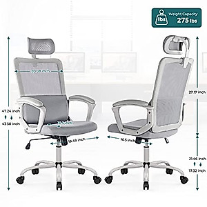 SMUG Ergonomic Home Computer Lumbar Support Mesh Adjustable Headrest Armrest and Wheels Swivel Rolling Office Chair(Grey)