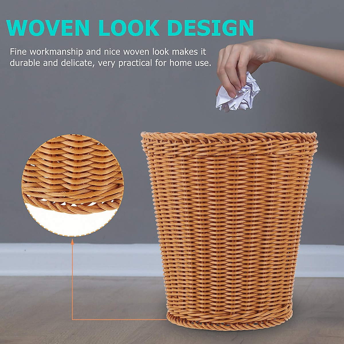 Luxshiny Wicker Waste Basket, Boho Woven Trash Can Small Natural Wastebasket Round Garbage Bin for Bathroom Bedroom Kitchen Home Office Countertop