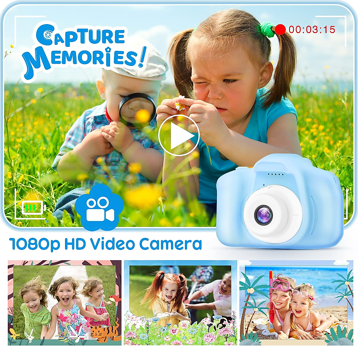 MAVREC Kids Digital Camera Toys for Boys Girls Age 3-9, 1080P HD Selfie Video Cameras for Toddler with 32GB SD Card, Best Easter Birthday Gifts for Boys Girls 3 4 5 6 7 8 9 Year Old Blue