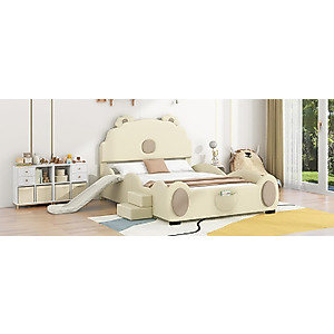 Harper & Bright Designs Full Size upholstered Platform Bed Frame for Boys Girls Kids Adults Toddler with Piglet Shape headboard and Children's Slide, Beige