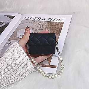 Lovmooful AirPods Case for AirPods Pro, Cute Luxury Cartoon Lattice Bag Design with Pearl Chain Soft Silicone Protective Cover for Women Girls AirPods Pro Charging Case Cover - Black