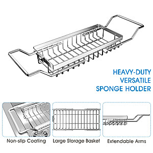 Sponge Holder for Kitchen Sink, Sink Caddy, Expandable (16.7"-21.2") Kitchen Sink Organizer with Dishcloth Towel Holder, Stainless Steel Over Sink Holder