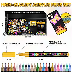 NICETY 72 Colors Acrylic Paint Pens Paint Markers, Extra Fine Tip Point Acrylic Paint Pens for Rock Painting, Canvas, Wood, Ceramic, Glass, Stone, Fabric, DIY Crafts & Art Supplies