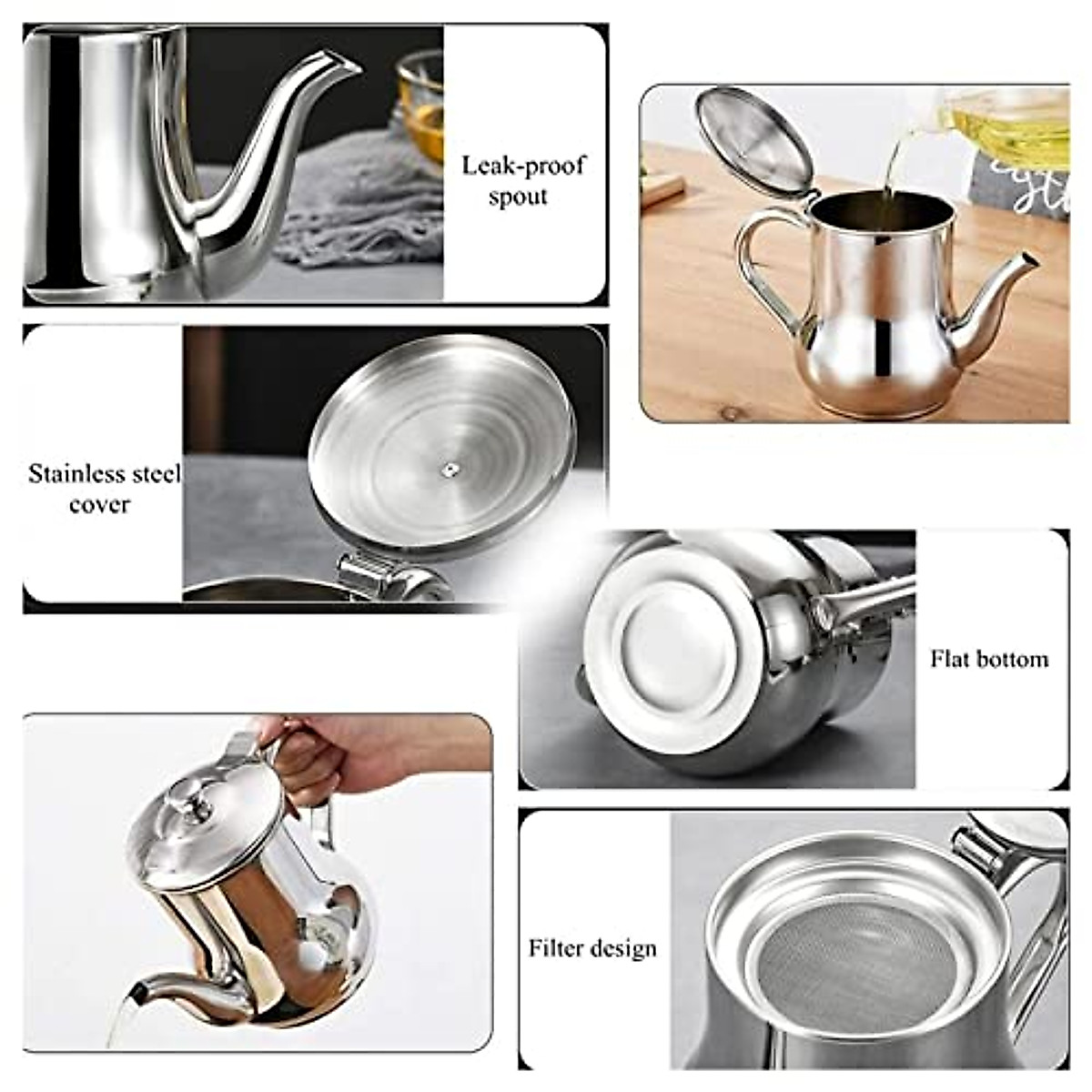 Stainless Steel Oiler with Strainer, Bacon Grease Container with Strainer and Spout, Reusable Stainless Steel Oiler for Bacon Grease, 304 Stainless Steel Oil Strainer Pot for Kitchen (24 oz)