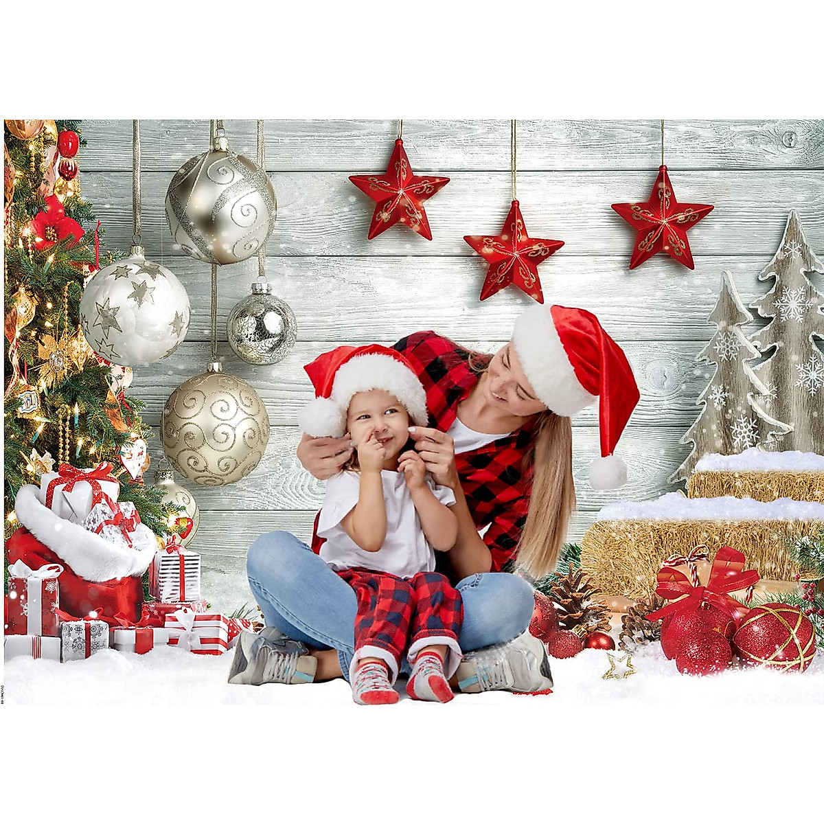 CHAIYA 7X5FT Christmas Backdrop White Wood Floor Photography Backdrop Winter Snow Christmas Balls Xmas Tree Gift Family Party Photo Background New Year Party Decoration Backdrops CY194