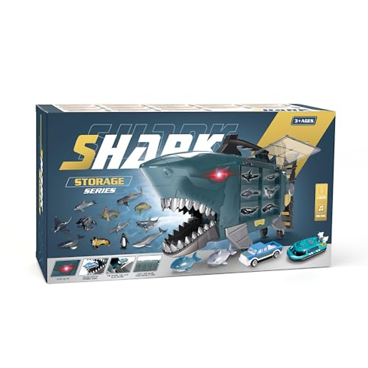 Shark Toys with led, Music Ocean Animals Toys, Shark Truck Toys with 2pcs Toy Trucks, 2pcs Shark Cars,18pcs sea Animal Toys for 3+ Year Old Kids