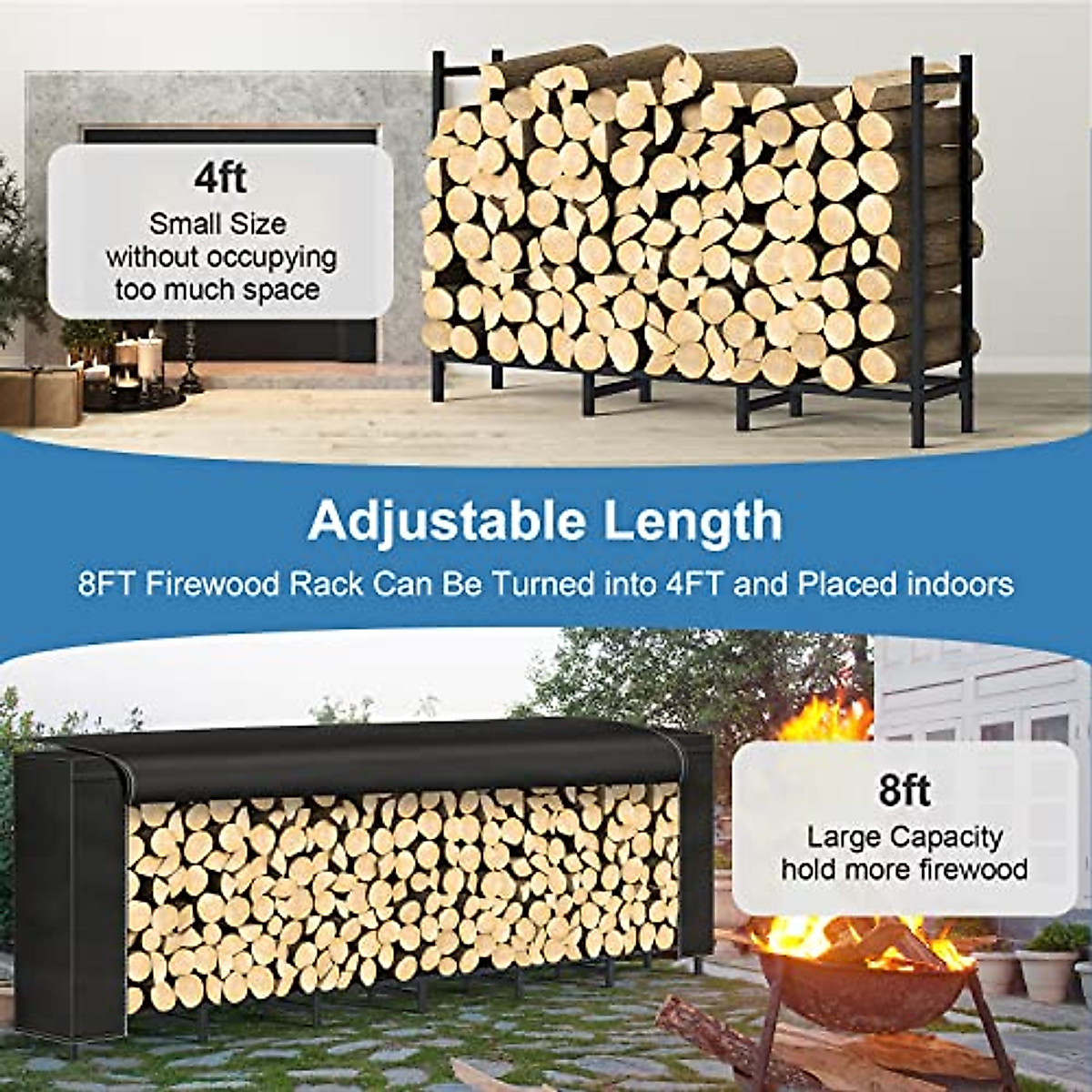 NANANARDOSO 8ft Firewood Rack Outdoor with Cover Combo Set Waterproof for Wood Storage, Adjustable Fire Log Stacker Stand, Heavy Duty Firewood Log Rack Holder for Fireplace Metal Lumber, Black