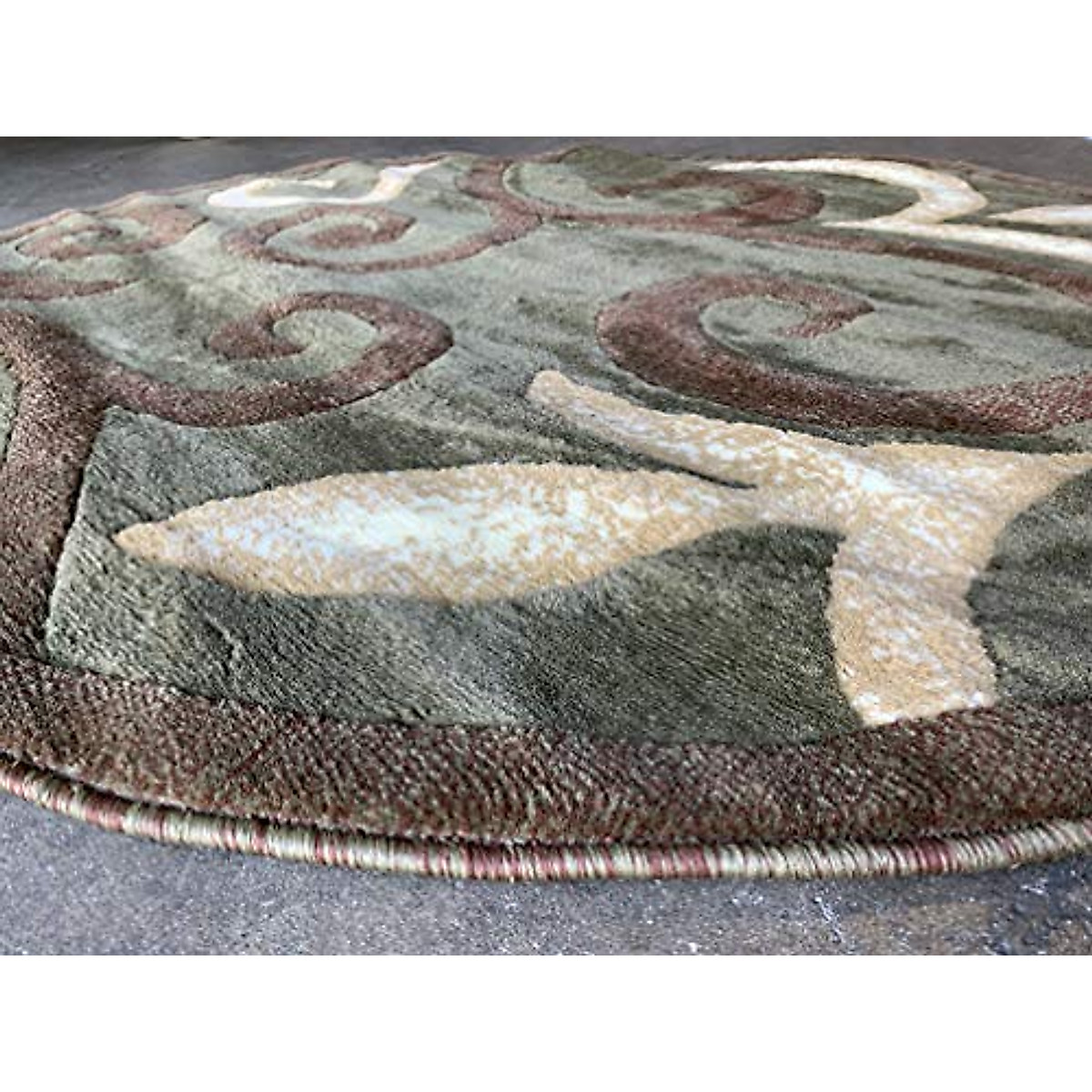 Modern Round Area Rug Contemporary Sage Green & Brown Floral Tropical Design 525 (4 Feet X 4 Feet)