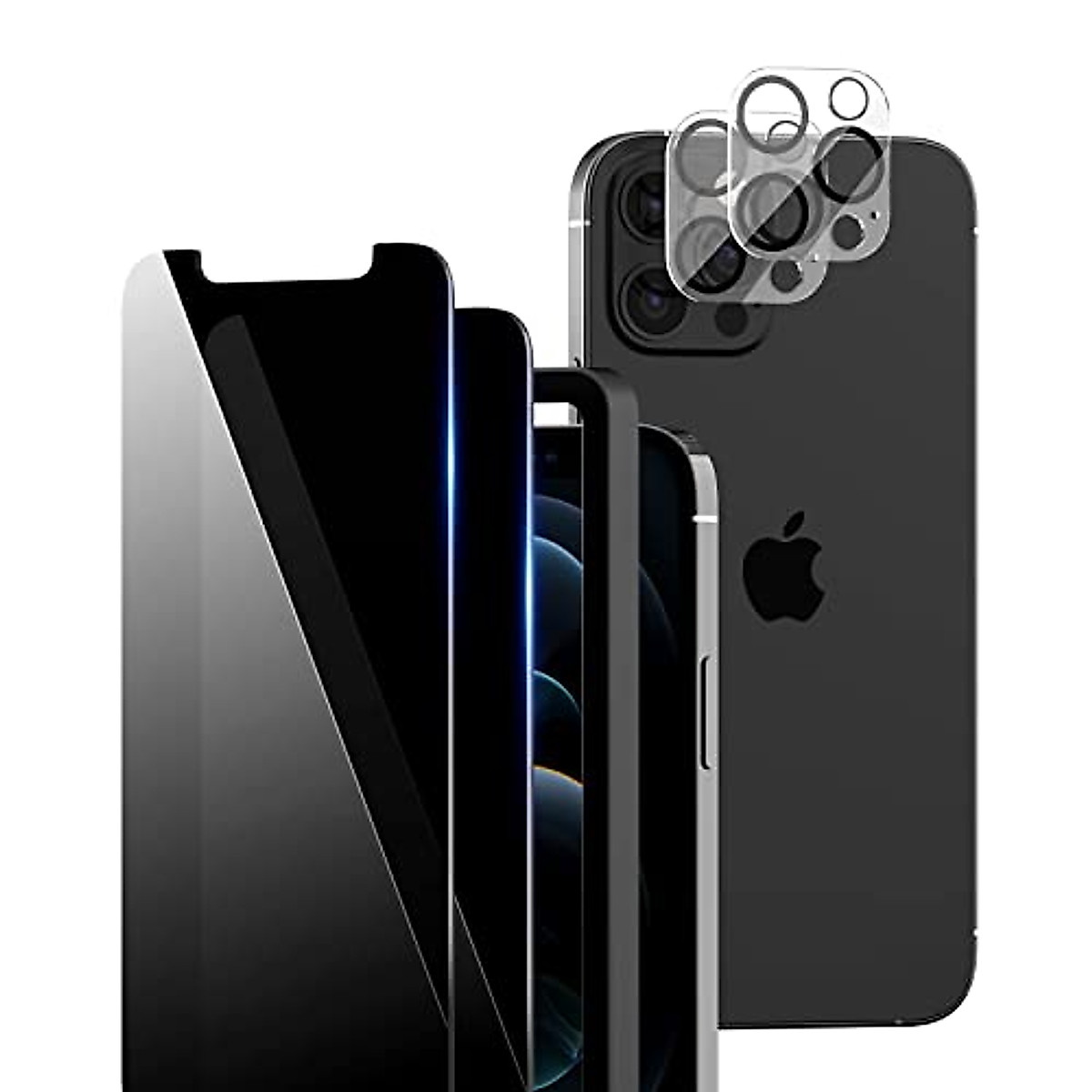 TOCOL 4 Pack Compatible for iPhone 12 Pro (Not for iPhone 12) - 2 Pack Privacy Tempered Glass Screen Protector and 2 Pack Glass Camera Lens Protector Alignment Frame Bubble Free Case Friendly - Black