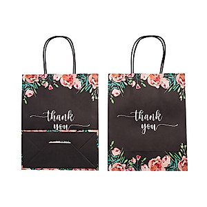 DjinnGlory 50 Pack Medium-Sized Floral Thank You Paper Gift Bags with Handles and Pink Tissue Paper for Boutiques, Weddings, Bridal Showers, Birthday Parties, 10x8x4 Inch (Black & Floral)