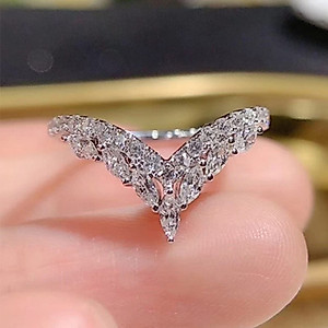 Fashion V-Shaped Crown Ring Princess Engagement Promise Ring Sparkling Wishbone Cubic Zirconia Ring in Sterling Silver Cubic Zirconia Eternity Band Wishbone CZ Stacking Engagement Ring for Women (9)