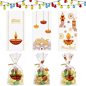 120 Pieces Diwali Cellophane Bags with Twist Ties, Deepavali Candle Cello Treat Bags Indian Holiday Candle Bag Festival of Lights Treat Bags for Cookie Candy Goodies Wrapping Supplies