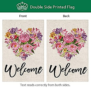 CROWNED BEAUTY Spring Garden Flag Floral Welcome 12×18 Inch Double Sided Outside Purple Flowers Heart Vertical Holiday Yard Decor