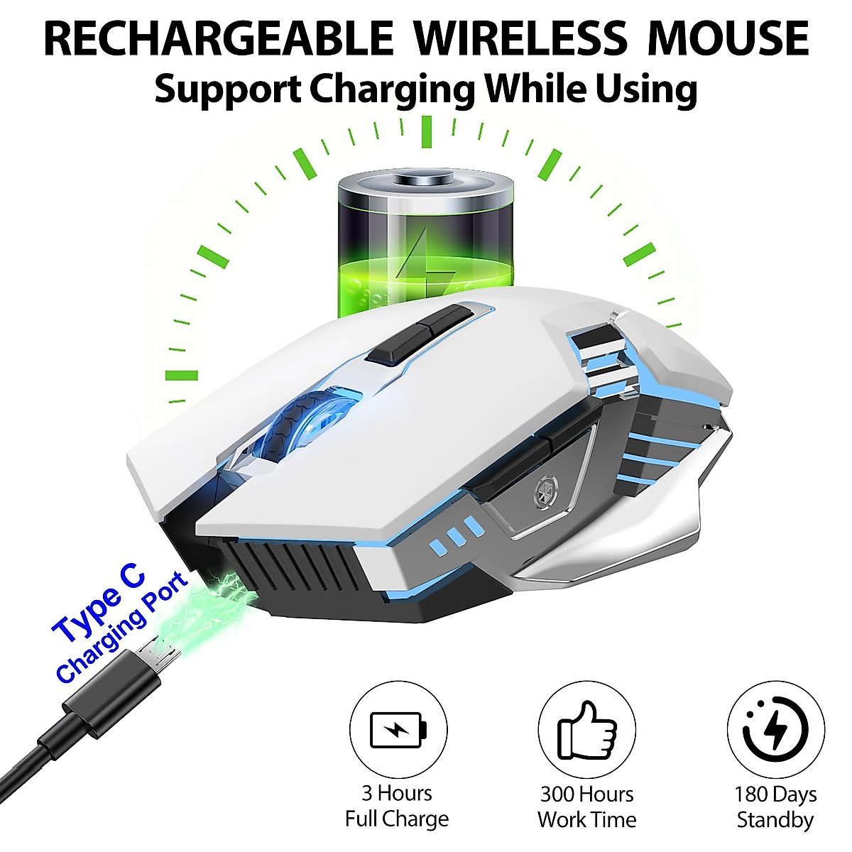 White Wireless Gaming Mouse Bluetooth Mouse with 3-Modes(BT5.0+BT3.0+2.4GHz), Rechargeable, RGB Backlit, Silent Click Computer Mouse for Laptop, PC, Macbook, iPad, Tablet, Chromebook, Games, Office