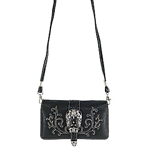 Justin West Tooled Floral Embroidery Buckle Studded Concealed Carry Tote Purse (Black Purse Wallet Set)