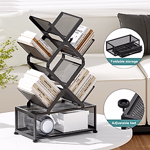 HI NINGER Folding Bookshelf,6 Tier Tree Bookshelf with Storage Cabinet,Small Bookcase Tower for Books/CDs/Movies, Floor Standing Book Shelf for Bedroom/Living Room/Home Office (Black, 6 Tier)