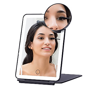 Foldable Double Sided Tabletop Mirror - Rechargeable Lighted Magnifying Mirror 10 X and 1X，3 Colors Light - Adjustable Foldable Handle for Makeup/Travel and Blackhead Removal.