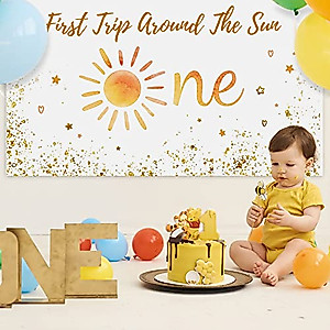 Boho Sun First Trip Around The Sun Backdrop First Birthday Photography Backdrop Sunshine Banner for Baby Shower Sun Theme Boys Girls 1st Birthday Party Photo Background Decoration Supplies