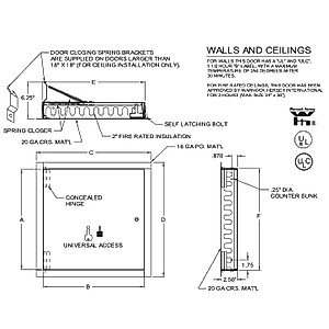 Best Access Doors AMZ-BA-FW-5050, Fire-Rated Insulated Access Door with 1" Flange, for Walls and Ceilings, 20-Gauge Prime Coated Panel, 16-Gauge Mounting Frame, 2" Thick Insulation, Concealed Hinge