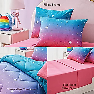ART DEMO Rainbow Pastel Purple Comforter Sets for Teen Girls, Full Size 5 Pieces Bed in a Bag, Ultra Soft Microfiber Comforter and Sheet Sets, Cooling Summer Dorm Bedding Set