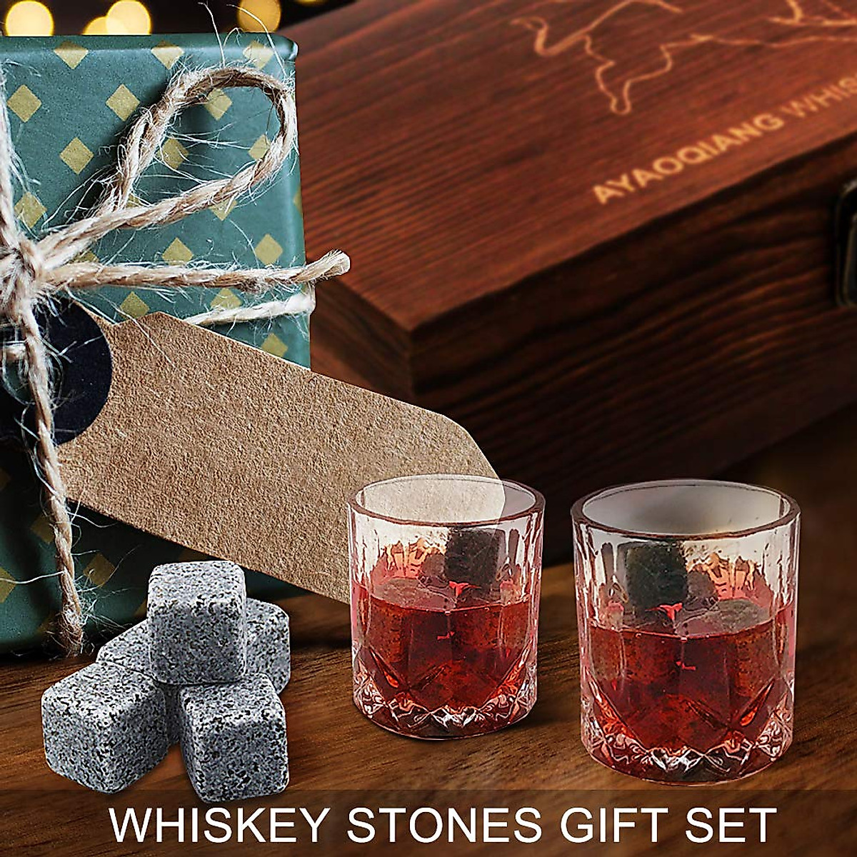 Whiskey Stones Glass Gift Set,16 Granite Whiskey Rocks,2 Crystal Whiskey Glasses & Velvet Bag Granite Chilling Rocks in Premium Wooden Box,Best Drinking Gifts for Men Dad Husband Birthday Party