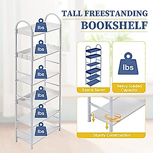 DHAEY 70.8 Inch Tall Bookshelf,6-Tier Bookcase Shelf with Round Top and Hooks,Metal Book Shelf Display Shelf Storage Organizer with MDF Boards & Adjustable Foot Pads for Office Small Space,White