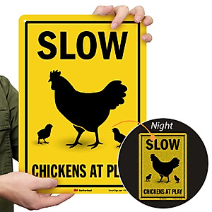 SmartSign 14 x 10 inch “Slow - Chickens At Play” Metal Sign, 40 mil Aluminum, 3M Laminated Engineer Grade Reflective Material, Black and Yellow