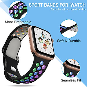 Adorve Compatible with Apple Watch Bands 49mm 45mm 44mm 42mm Women Men, Breathable Air Holes Silicone Sport Band for iWatch Ultra 2 SE Series 9 8 7 6 5 4 3 2 1, Black/White/Blue Gray/BlueRainbow