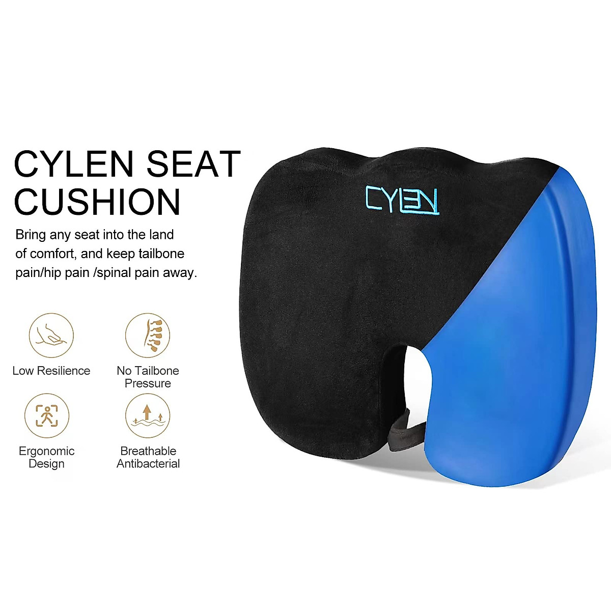 CYLEN Home Office Seat Cushion - Comfort Memory Foam Chair Cushion with Cooling Gel Infused for Tailbone, Coccyx, Back & Sciatica Pain Relief (Black-Blue)