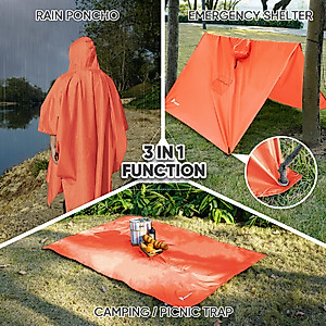 PTEROMY Hooded Rain Poncho for Adult with Pocket, Waterproof Lightweight Unisex Raincoat for Hiking Camping Emergency (Orange)