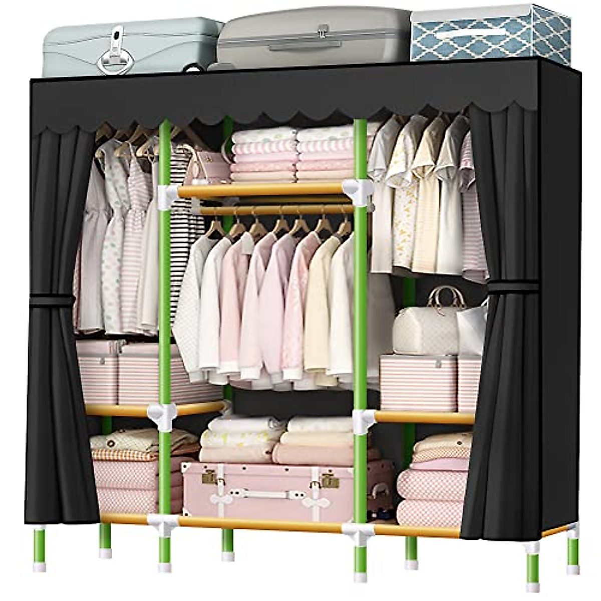 YOUUD Portable Closet 57 Inch Wardrobe Closet Clothes Organizer with 3 Storage Shelves and 3 Hanging Rods, Cloth Closet of Colored Rods Black Cover Quick and Easy to Assemble,Strong and Durable