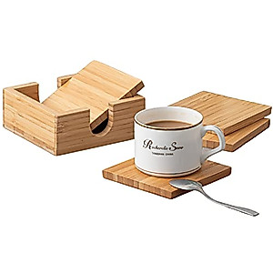 Bar Coasters for Drinks Set of 4 | Bamboo Cup Mat, Copper Plates, Coster Pack, Coffee Table Decor | Tea Cup Set, Kitchen Table Set, Wood Coasters in Natural Bamboo Coffee Holder | Plant Drainage Tray