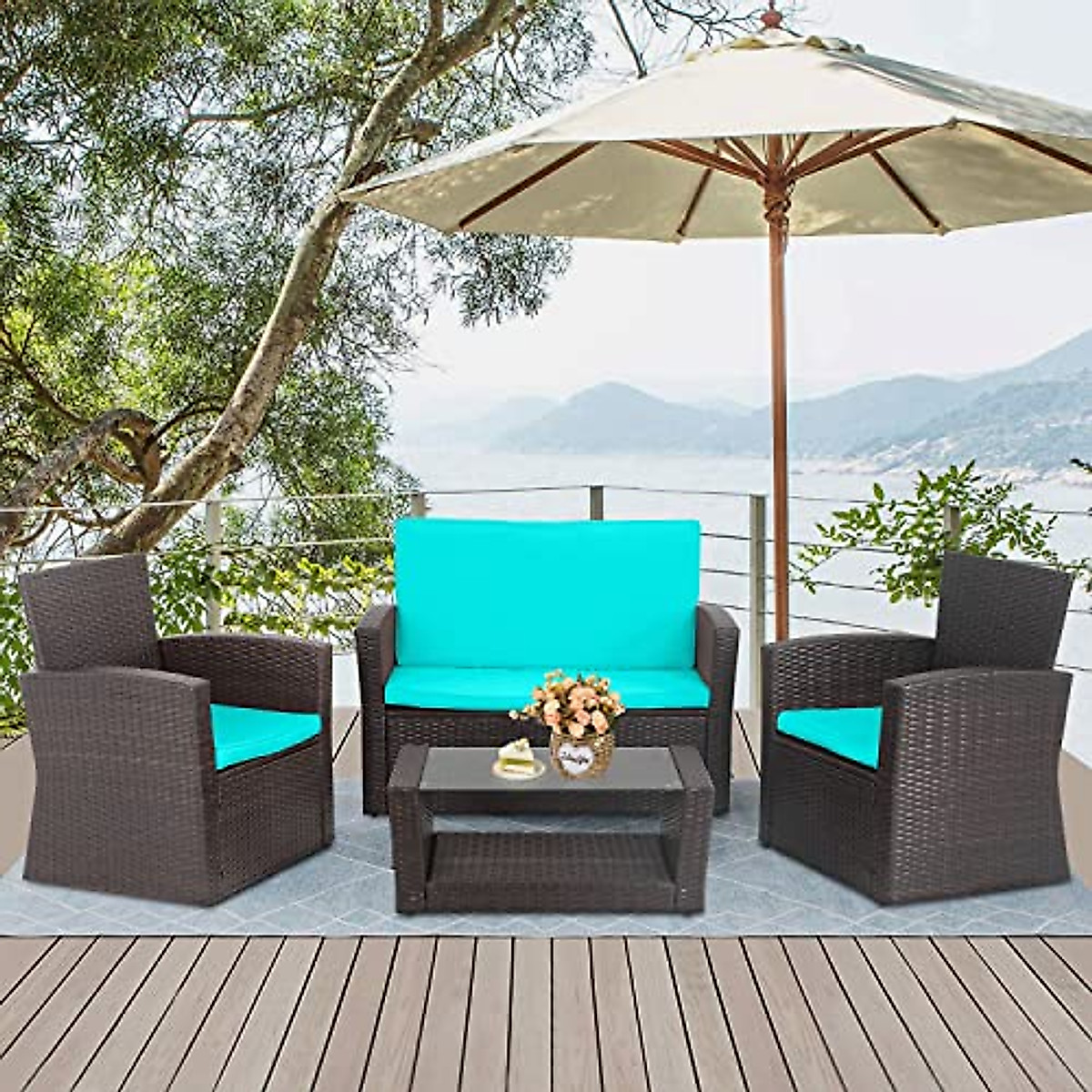 FDW 4 Pieces Conversation Set Patio Sofas Wicker Outdoor Patio Furniture Sets Sectional Sofa Rattan Chair Outdoor Backyard Porch Poolside Balcony Garden Furniture with Coffee Table (Blue Cushion)