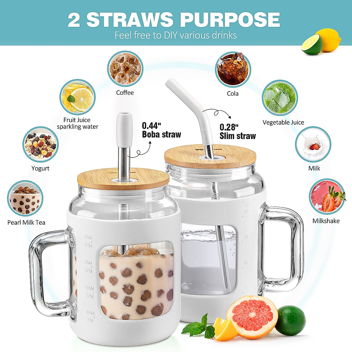 VOKOVO 32oz Glass Tumbler with Bamboo Lid and Straw, Glass Water Bottles with Time Marker, Iced Coffee Cup with Handle, Two Straw - Boba Straw & Drinking Straw Silicone Protective Sleeve-White