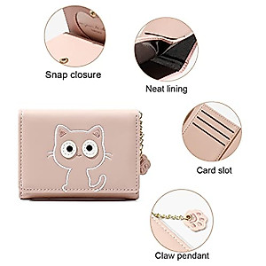 Sunwel Fashion Cute Little Cat Pattern Small Wallet Credit Card Holder Cash Pockets ID Window with Paw Pendant (GREEN, Tri-fold)