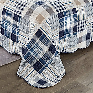 Brilliant Sunshine Plaids and Stripes Quilt Set, 2-Piece Bedding Sets with 1 Sham, Patchwork Design, Washable and Reversible Bedspread, Soft Lightweight Coverlet, All-Season, Twin/Twin XL, Blue