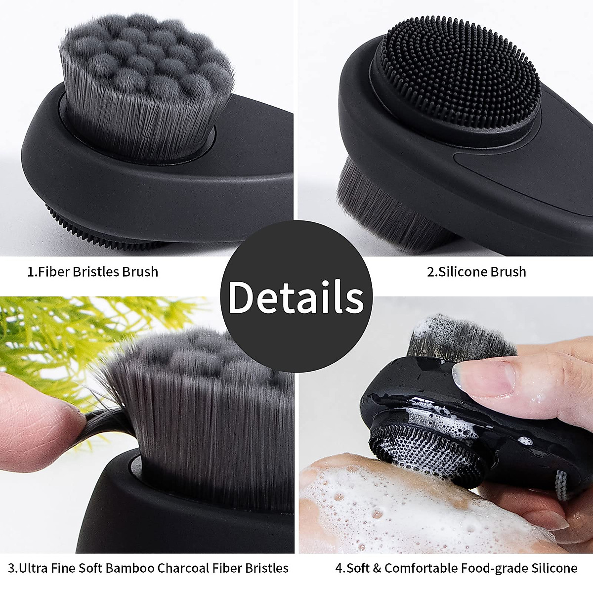Beomeen Facial Cleansing Brush 2 in 1 for Face Exfoliation, Soft Bamboo Charcoal Microfiber Bristle for Pore Deep Cleansing, Dual Face Silicone Scrubber Brush for Skincare with Lid, Black