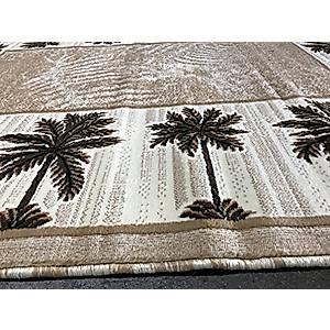 Palm Tree Modern Area Rug Tropical Beige & Green Design 729 (5 Feet X 7 Feet)