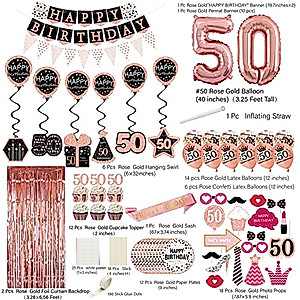 50th birthday decorations for women - (76pack) rose gold party Banner, Pennant, Hanging Swirl, birthday Balloons, Foil Backdrops, cupcake Topper, plates, Photo Props, Birthday Sash for gifts women
